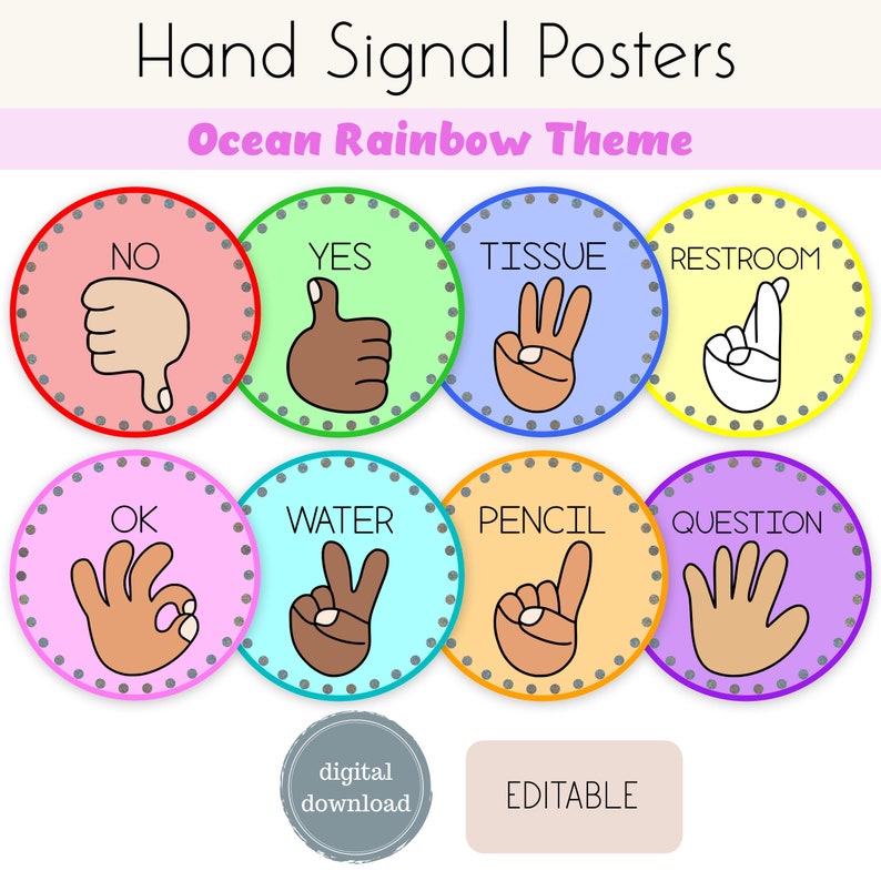 Multicultural Hand Signal Posters | Ocean Rainbow | Classroom ...