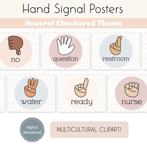 Multicultural Hand Signal Posters | Neutral Checkered Theme | Classroom ...