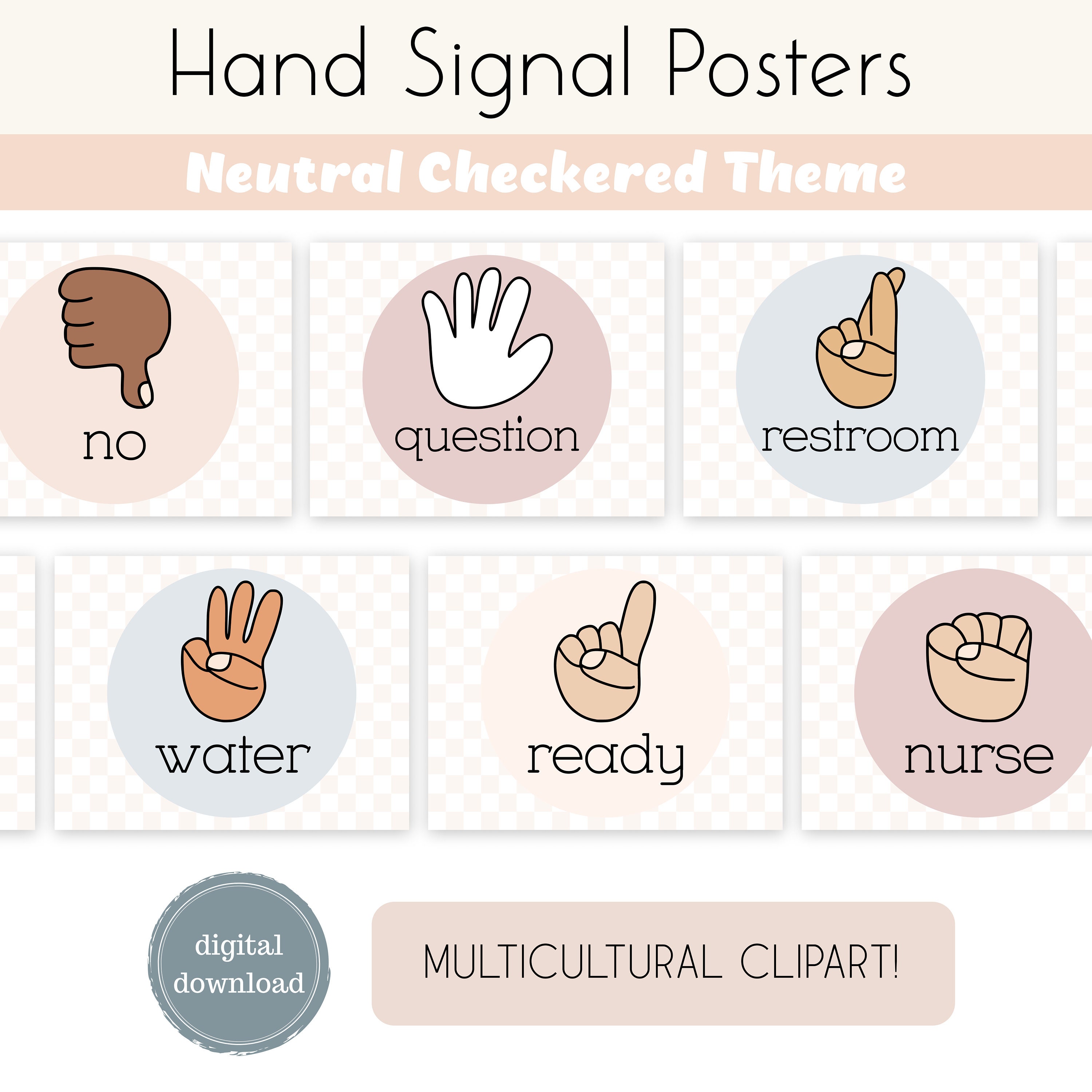 Multicultural Hand Signal Posters | Neutral Checkered Theme | Classroom ... Multicultural Hand Signal Posters | Neutral Checkered Theme | Classroom ...