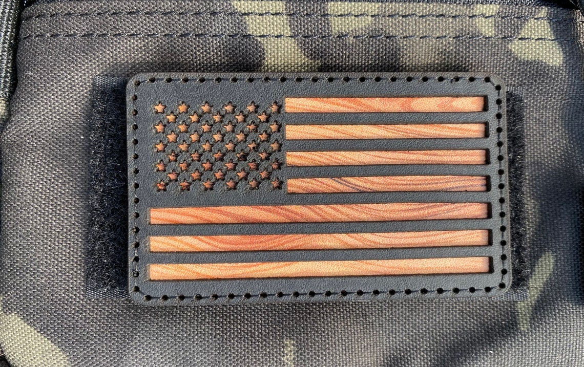 American Flag Leather Velcro Patch, Wood Grain Backing - Etsy
