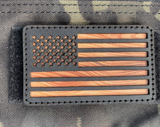 American Flag Leather Velcro Patch, Wood Grain Backing - Etsy