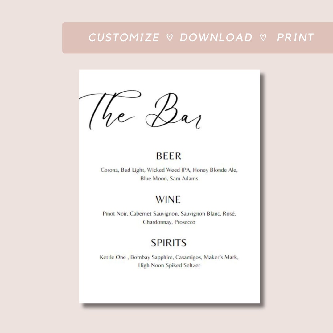 Wedding Bar Template, Bar Menu, Signature Drink Menu, Custom Bar Menu ...