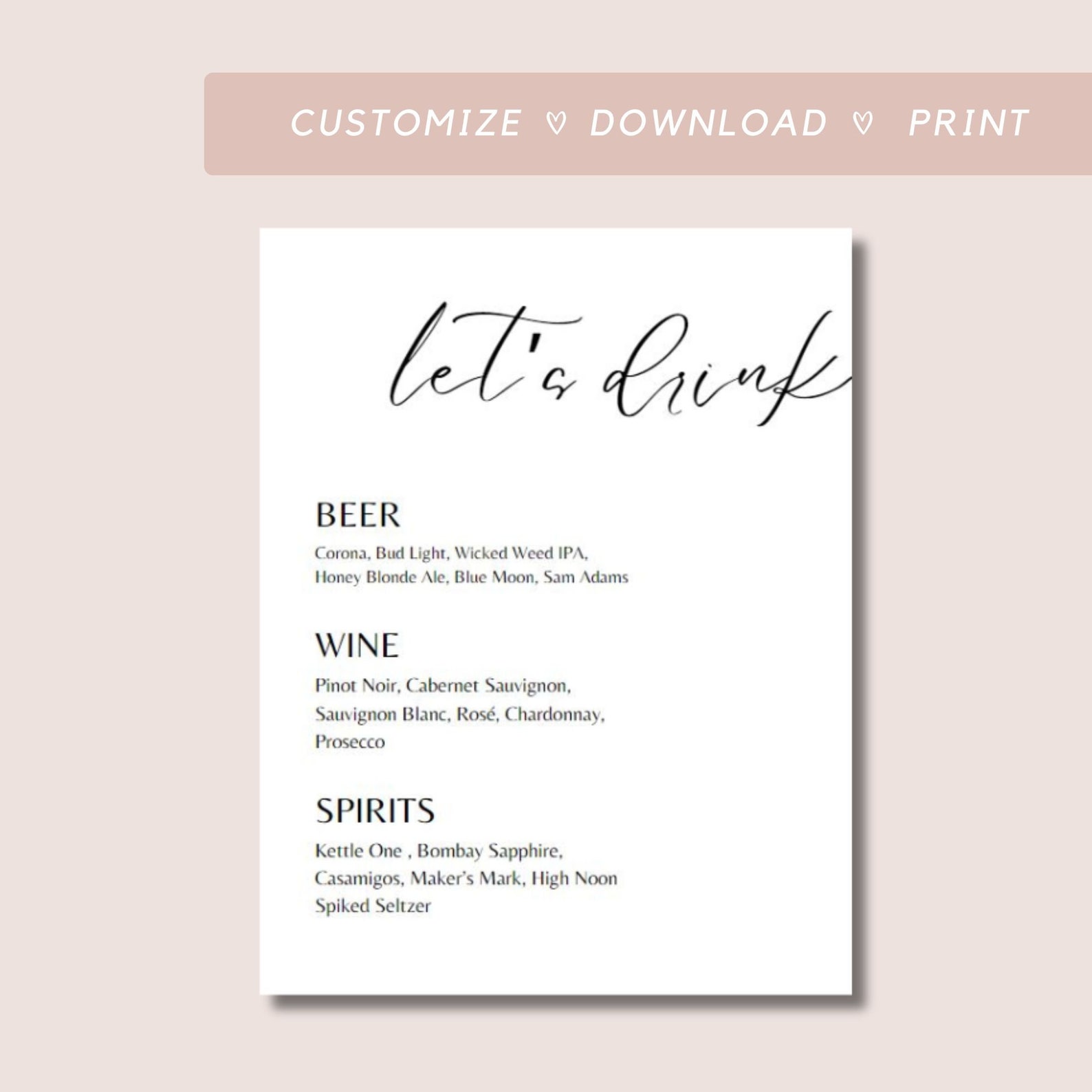 Wedding Bar Template, Bar Menu, Signature Drink Menu, Custom Bar Menu ...