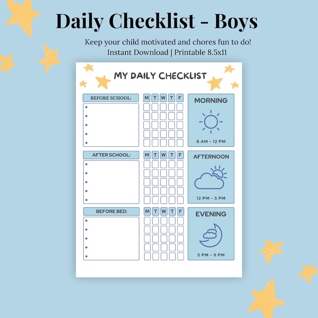 Kids Daily School Checklist | Printable Daily Routine | Daily Checklist ...