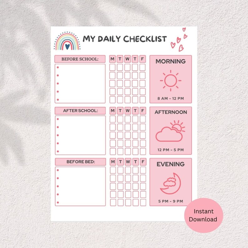 Kids Daily School Checklist | Printable Daily Routine | Daily Checklist ...