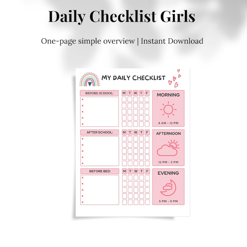 Kids Daily School Checklist | Printable Daily Routine | Daily Checklist ...