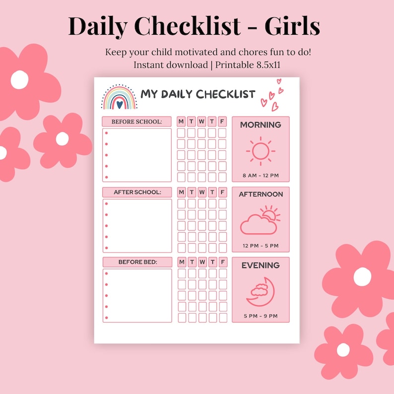 Kids Daily School Checklist | Printable Daily Routine | Daily Checklist ...