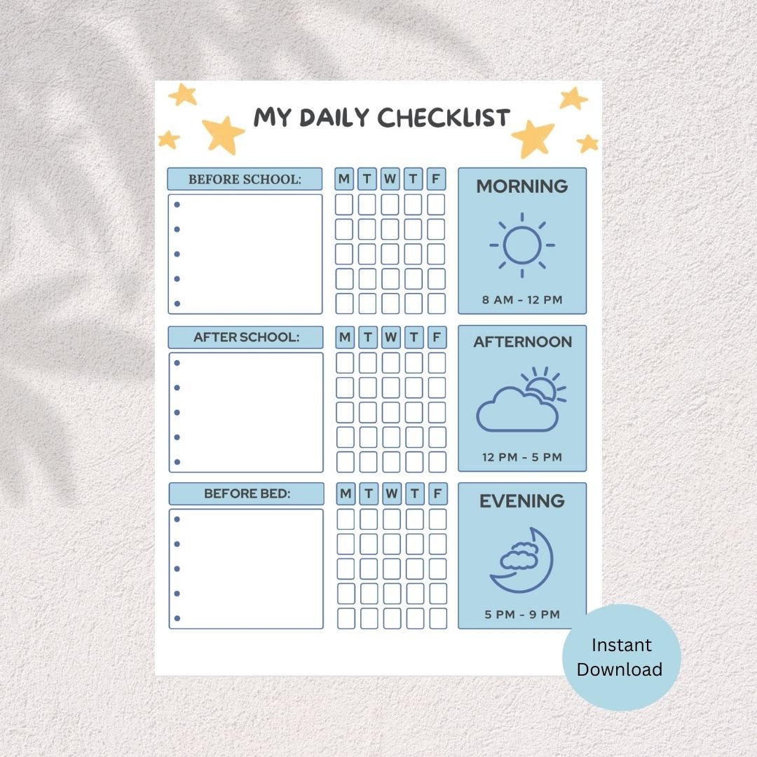 Kids Daily School Checklist | Printable Daily Routine | Daily Checklist ...