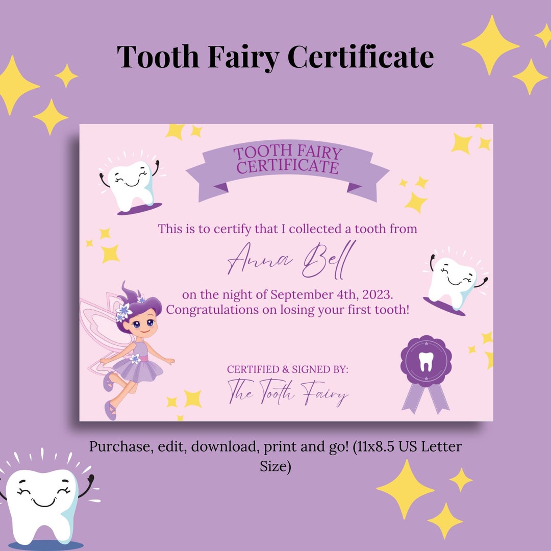 Editable Tooth Fairy Certificate Printable Tooth Fairy - Etsy