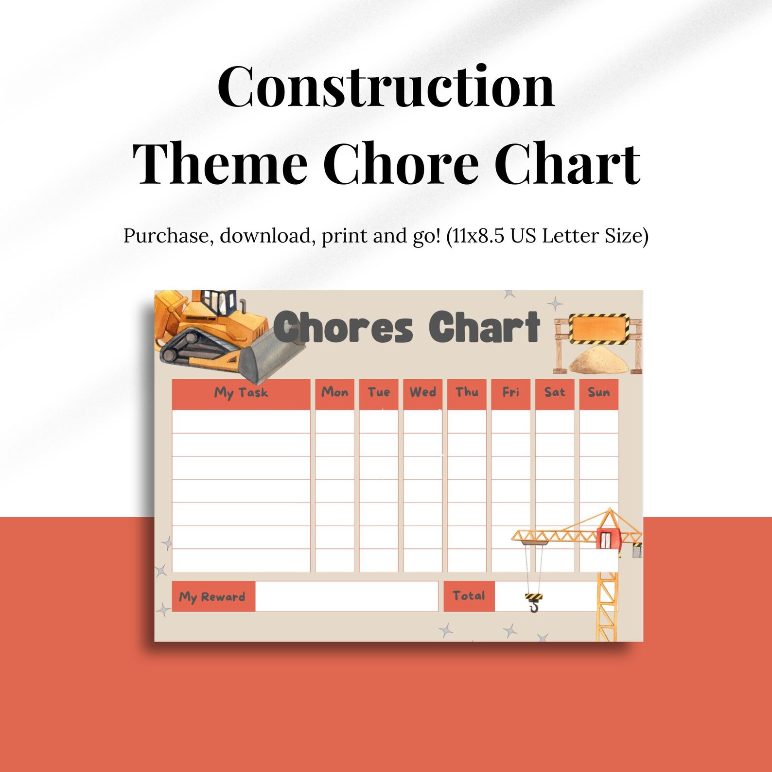 Construction Kids Chore Chart Printable | Kids Chore List | Toddler ...