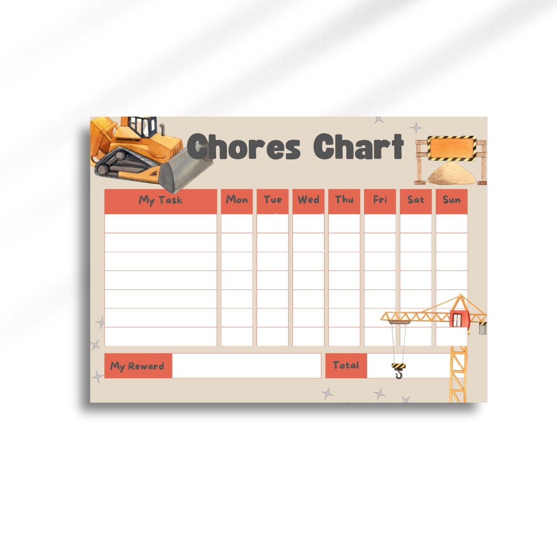 Construction Kids Chore Chart Printable | Kids Chore List | Toddler ...
