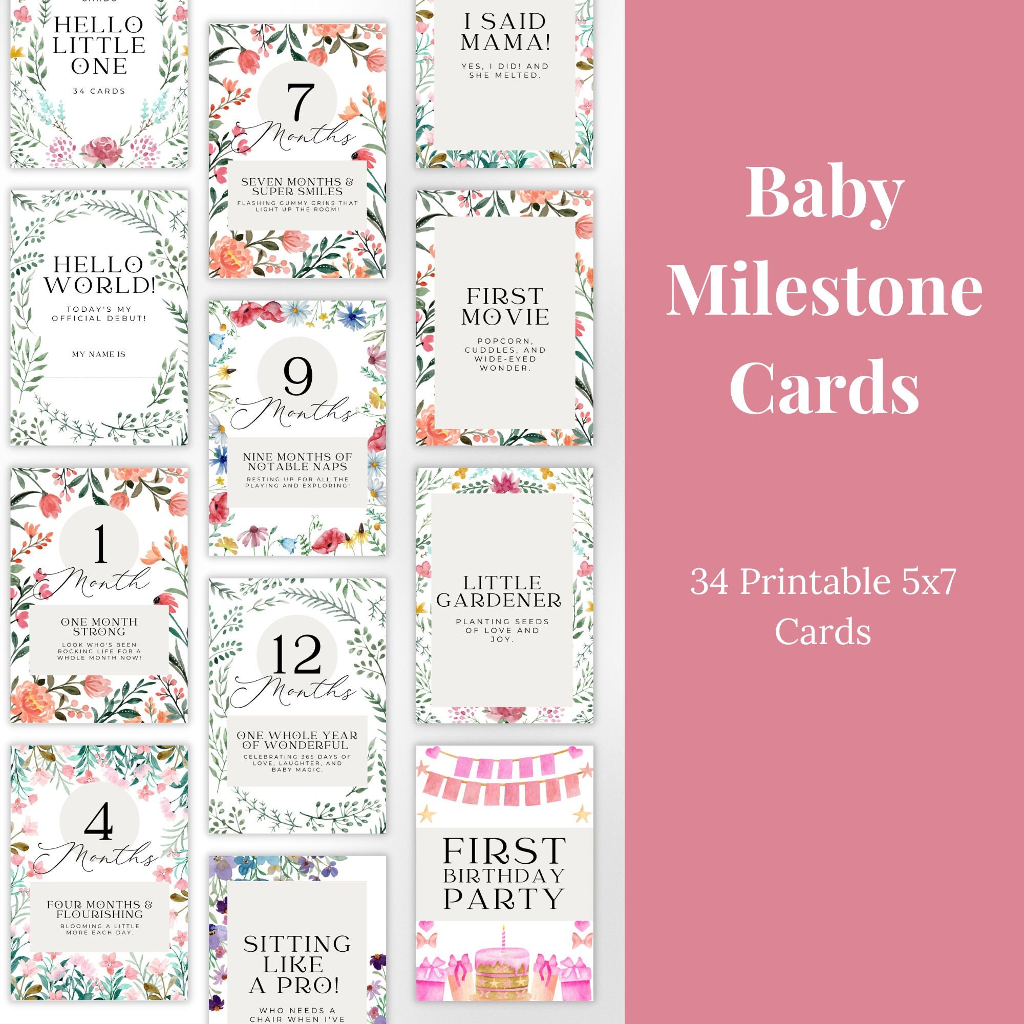 Printable Milestone Cards | Baby Milestone Cards Flowers | Monthly ...