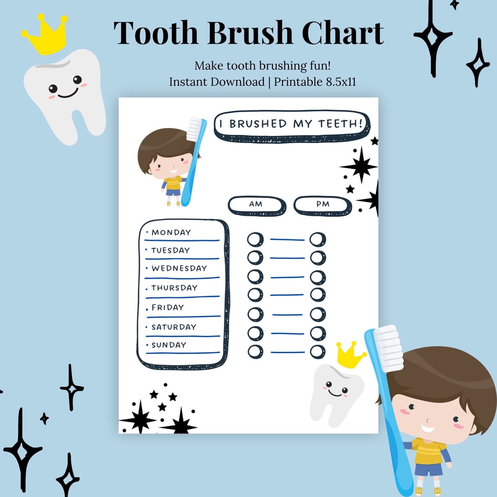 Brush Teeth Printable Reward Chart Kids Tooth Brushing Chart Morning ...