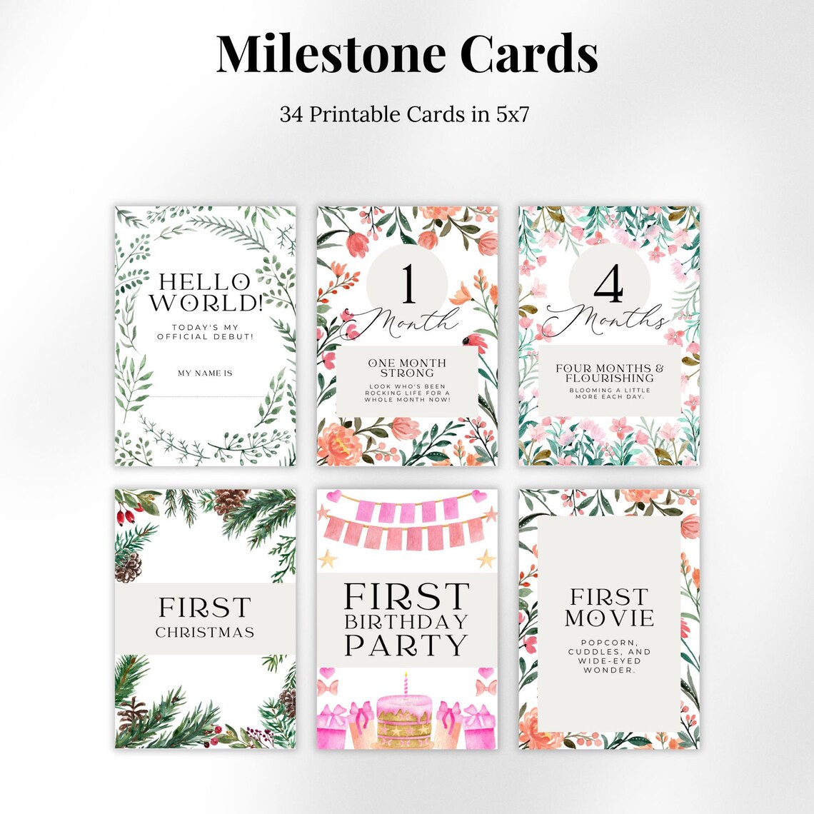 Printable Milestone Cards | Baby Milestone Cards Flowers | Monthly ...