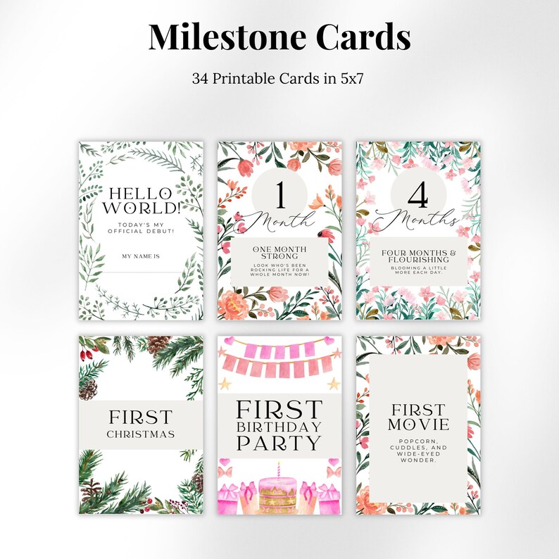 Printable Milestone Cards | Baby Milestone Cards Flowers | Monthly ...