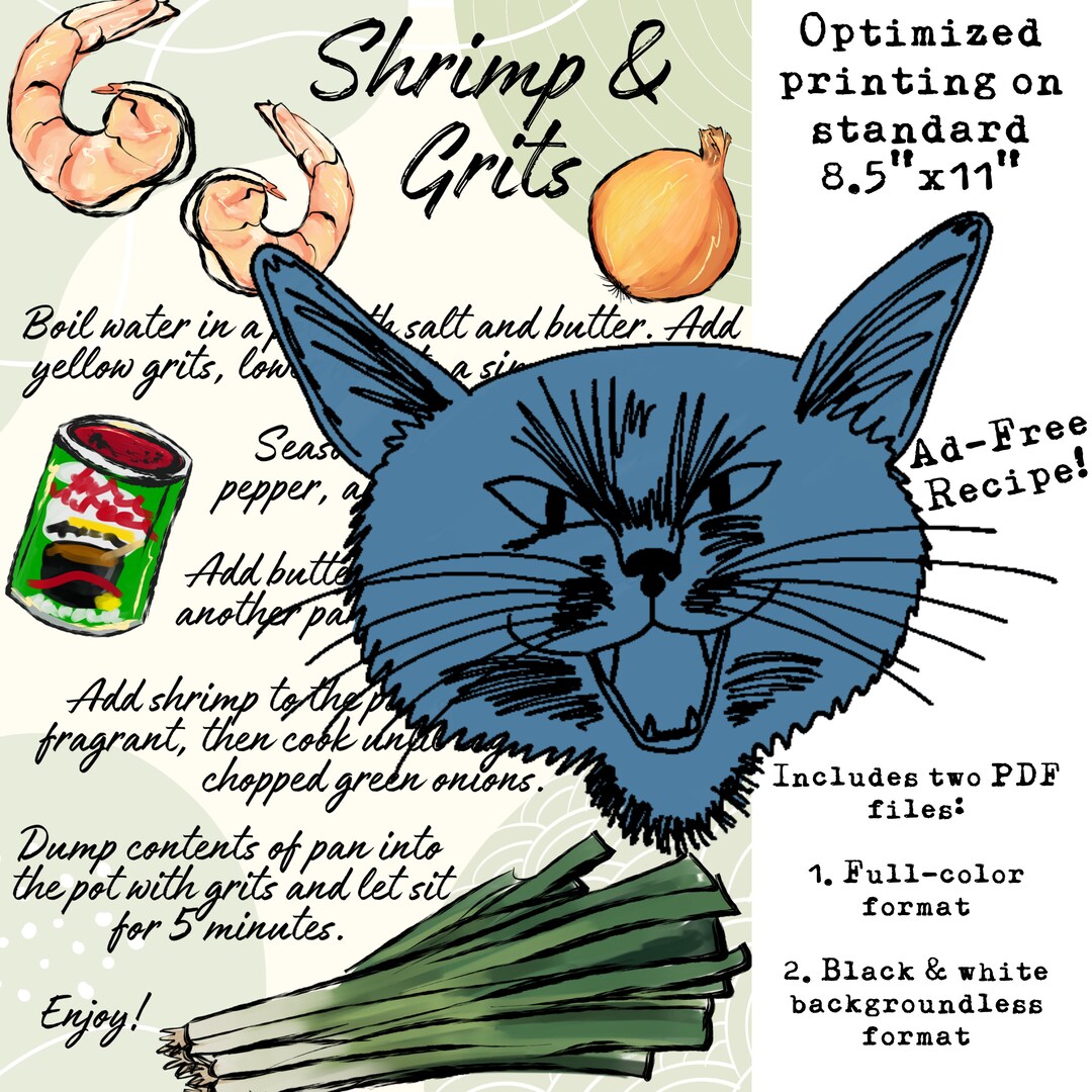 PRINTABLE - Shrimp & Grits Digital Download Recipe - Color PDF, Black ...