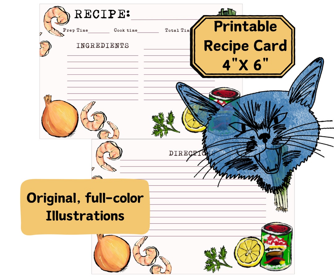 PRINTABLE CARD 4x6 Shrimp, Onion, Creole Lined Recipe Card Full-color ...