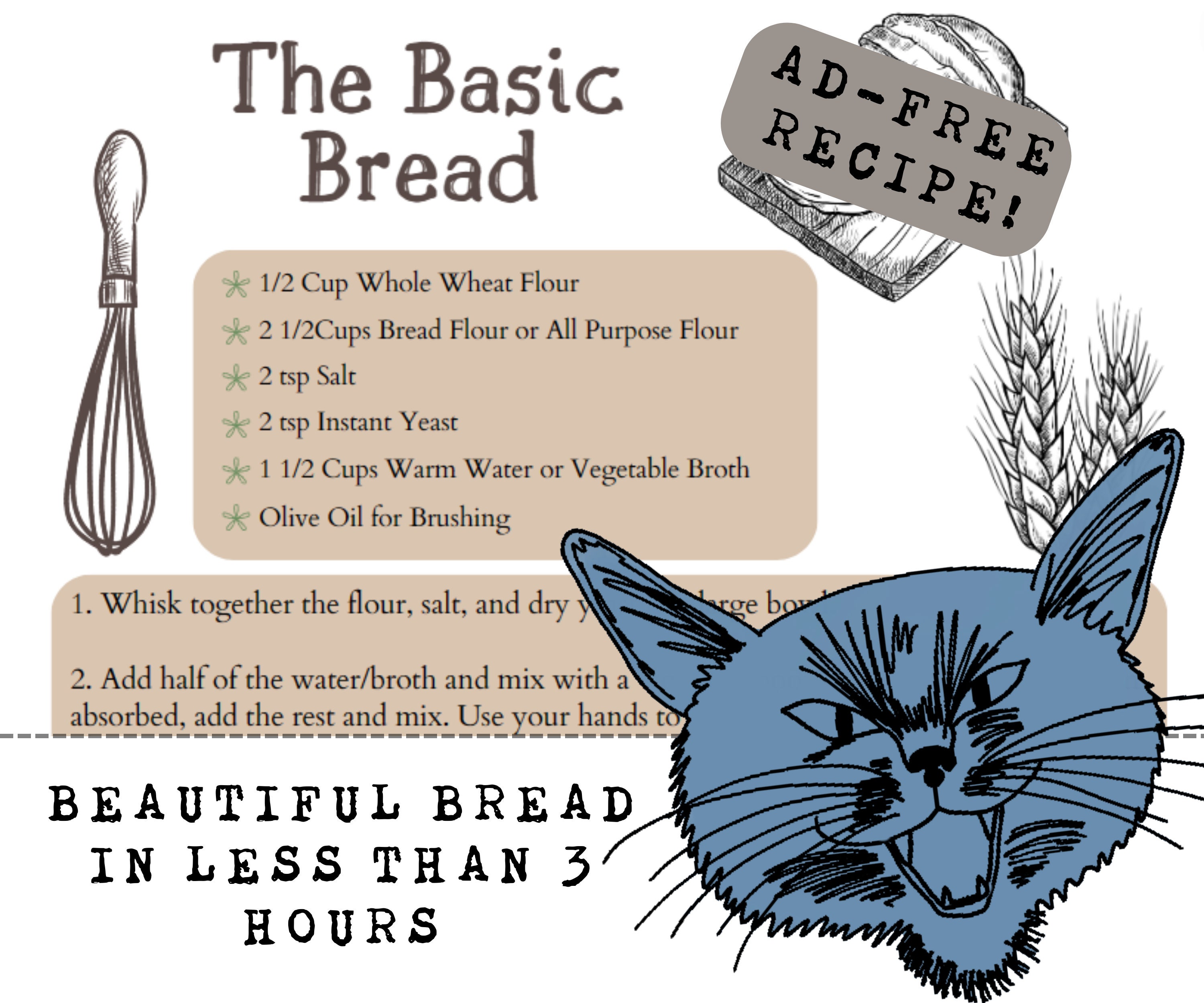 PRINTABLE RECIPE Basic Bread Digital Download Recipe PDF Color and ...