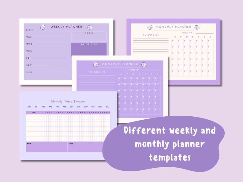 Kawaii Purple Bear Digital Printable Undated Weekly Monthly - Etsy