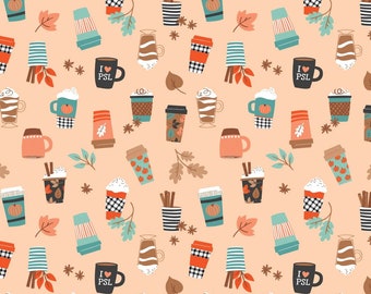 Fall Coffee Fabric Kawaii Autumn Leaves and Pumpkin Spice - Etsy