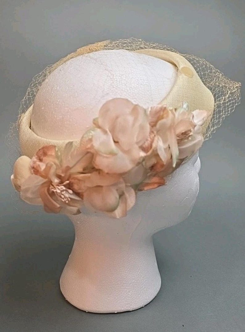 Vintage Ivory Floral Halo Veiled Church Hat - Etsy