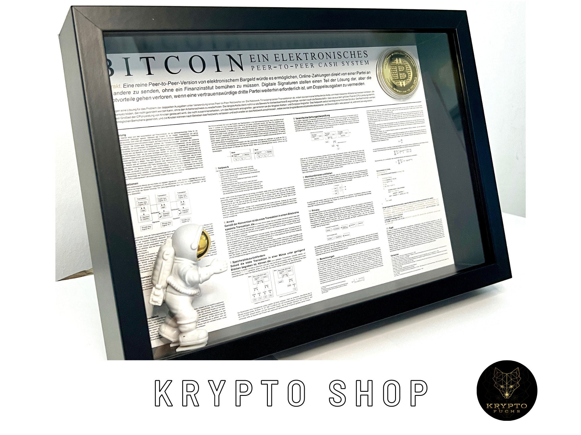 Bitcoin Poster BTC Satoshi Nakamoto Livre blanc DIN A 4 dans un cadre en bois profond avec ...