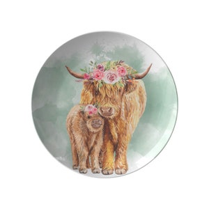 Farm Cow Dinner Plate, Floral Highland Cow Plate, Cattle Dishes ...