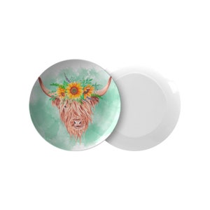 Country Farm Cow Dinner Plate, Floral Sunflower Highland Bull Plate ...