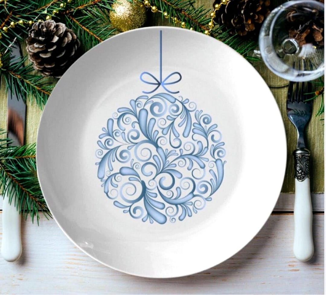 Christmas Blue Ornament Plate Set , Christmas Dishes , Christmas ...