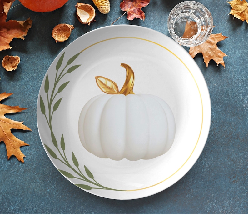 Pumpkin Dinner Plate Set, White & Gold Pumpkin Plate, Thanksgiving ...
