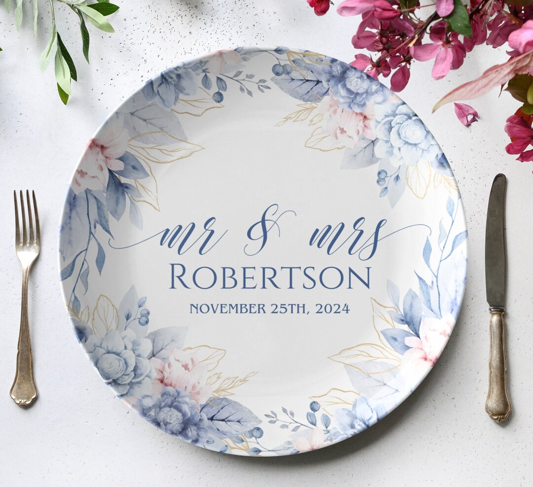 Personalized Mr & Mrs Wedding Plate, Blue Floral Wedding Plate ...