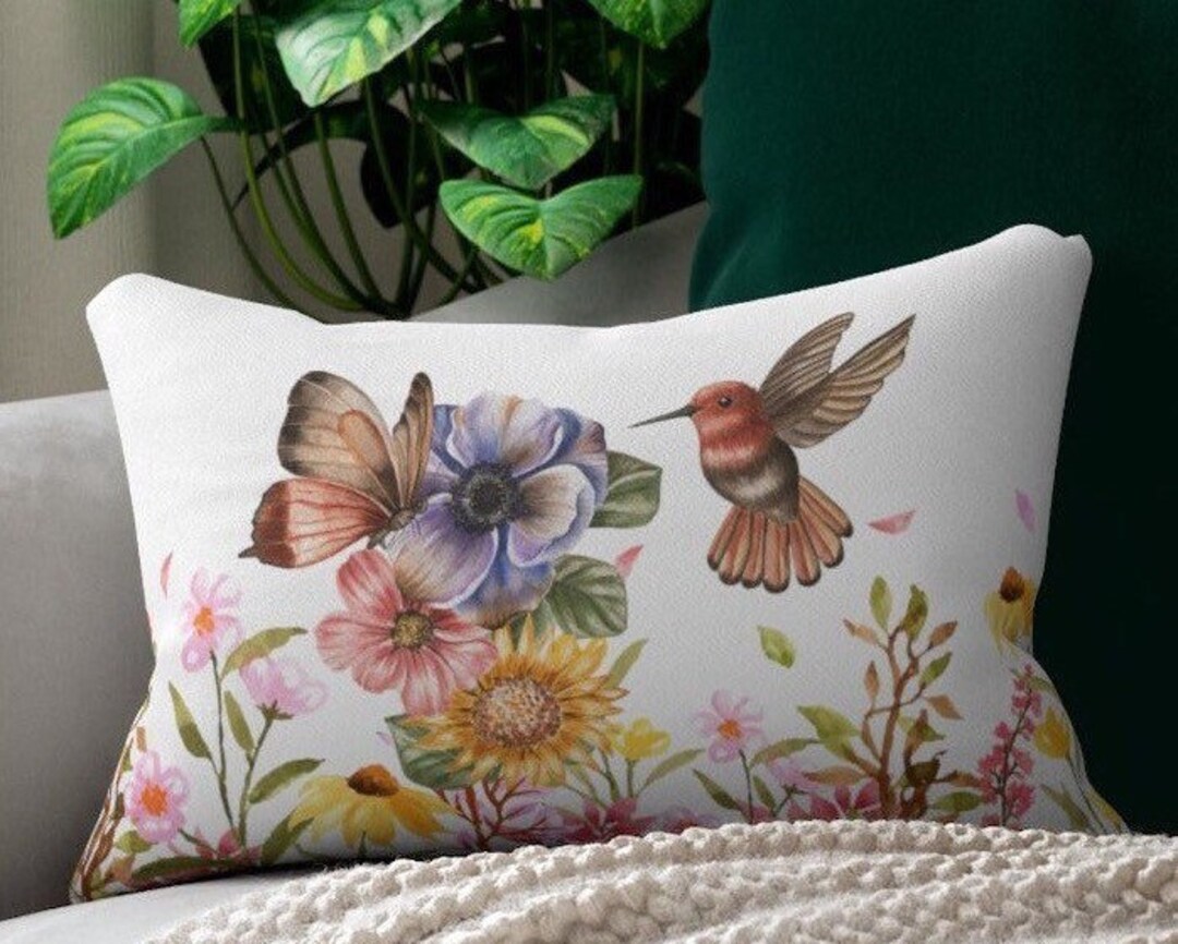 Hummingbird Lumbar Pillow | Floral Hummingbird Throw Pillow ...