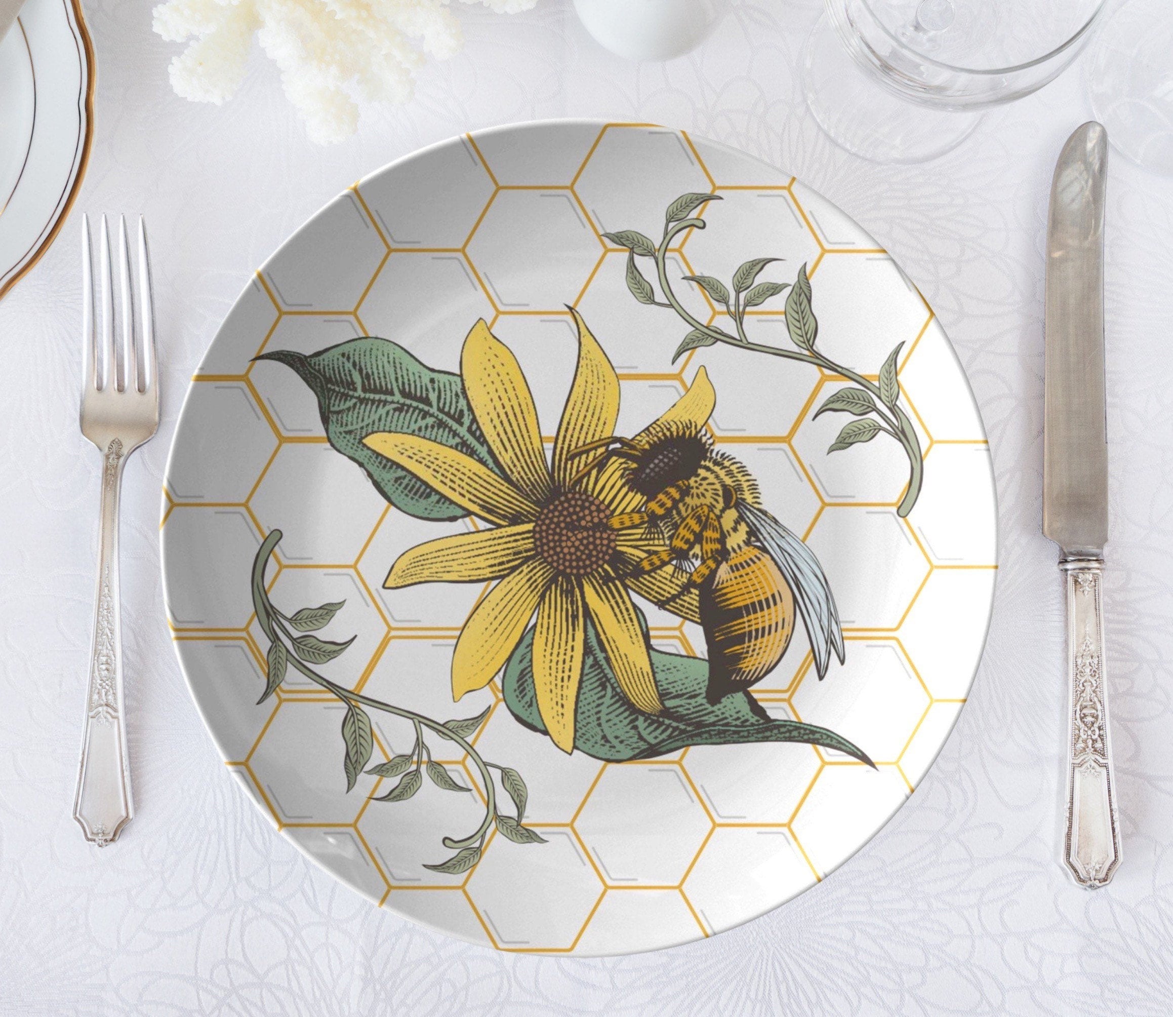 Honeybees Dinner Plate Floral Bee Plate Set Decorative - Etsy