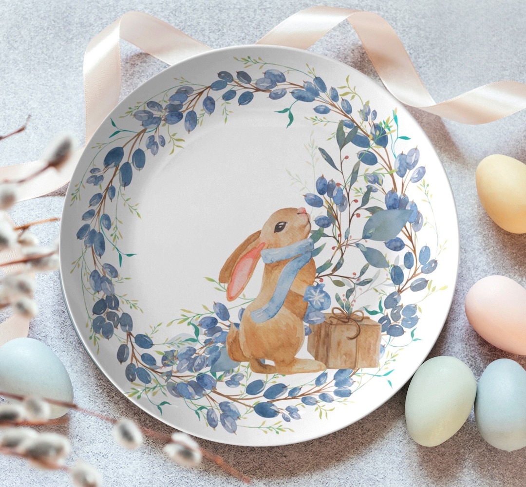 Bunny Rabbit Plate, Easter Bunny Dinner Plate, Blue Floral Spring Bunny ...