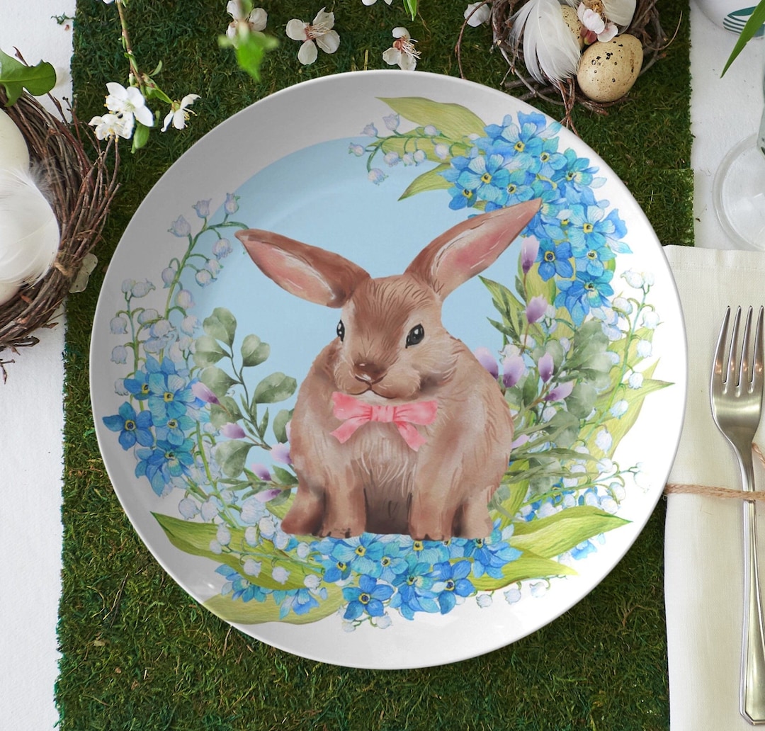 Easter Bunny Rabbit Dinner Plate, Blue Floral Easter Plate Set, Spring ...