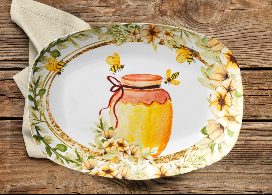 Sunflowers & Honeybees Serving Platter, Floral Bees Platter, Bumblebees ...