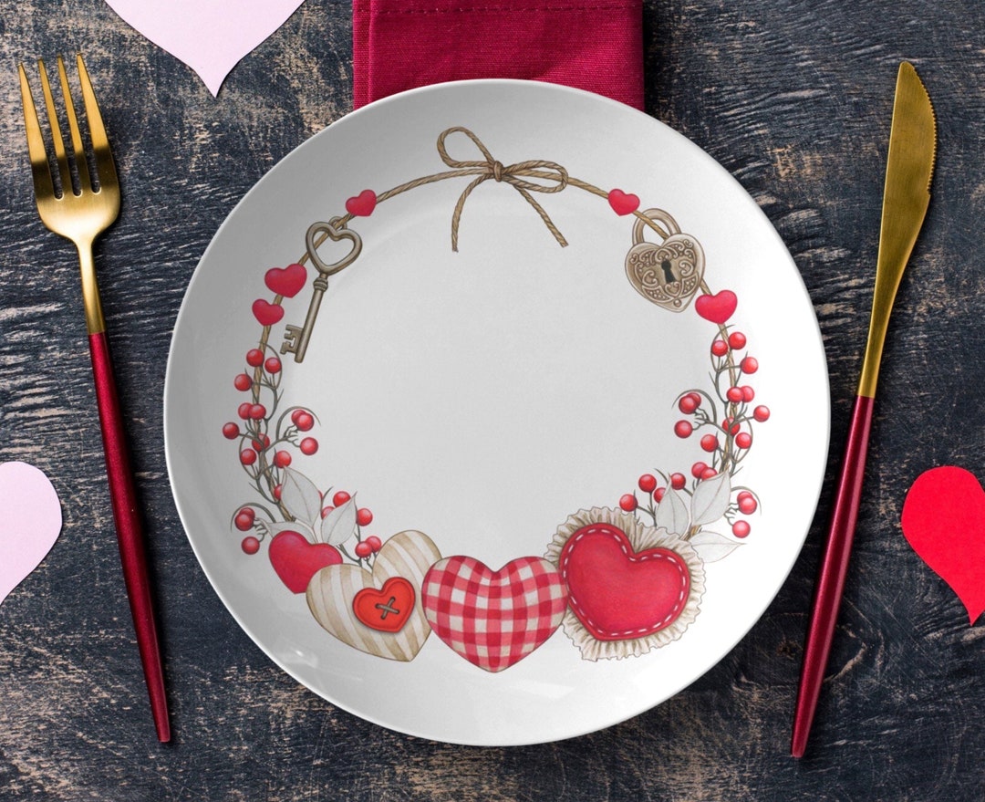 Valentines Heart Wreath Dinner Plate , Red Hearts Plate , Valentine’s ...
