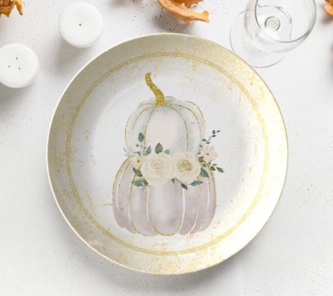 Pumpkin White & Gold Dinner Plate Set , Thanksgiving Plates , Fall ...