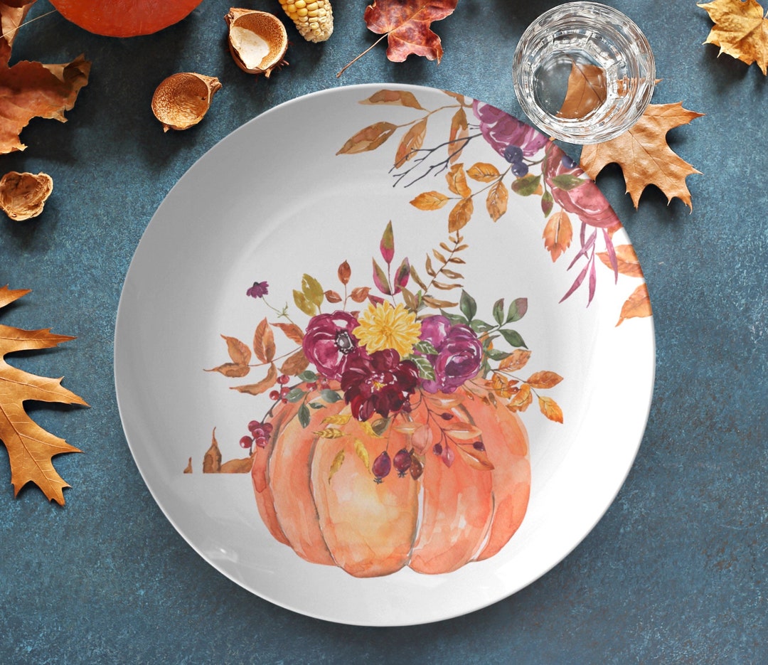 Floral Fall Pumpkins Plate Set, Pumpkin Dinner Plate, Thanksgiving ...