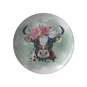 Farmhouse Cow Print Plate, Floral Cow Dinner Plate, Farm Cow Plate ...