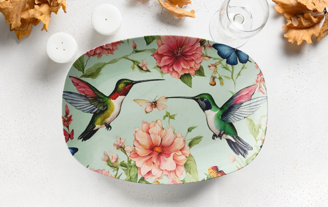 Hummingbird Floral Serving Platter, Pastel Green Tropical Platter ...