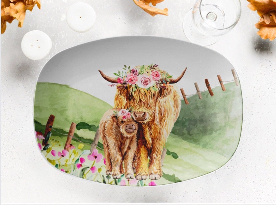 Farm Style Highland Cow & Calf Serving Platter, Floral Countryside Cow ...
