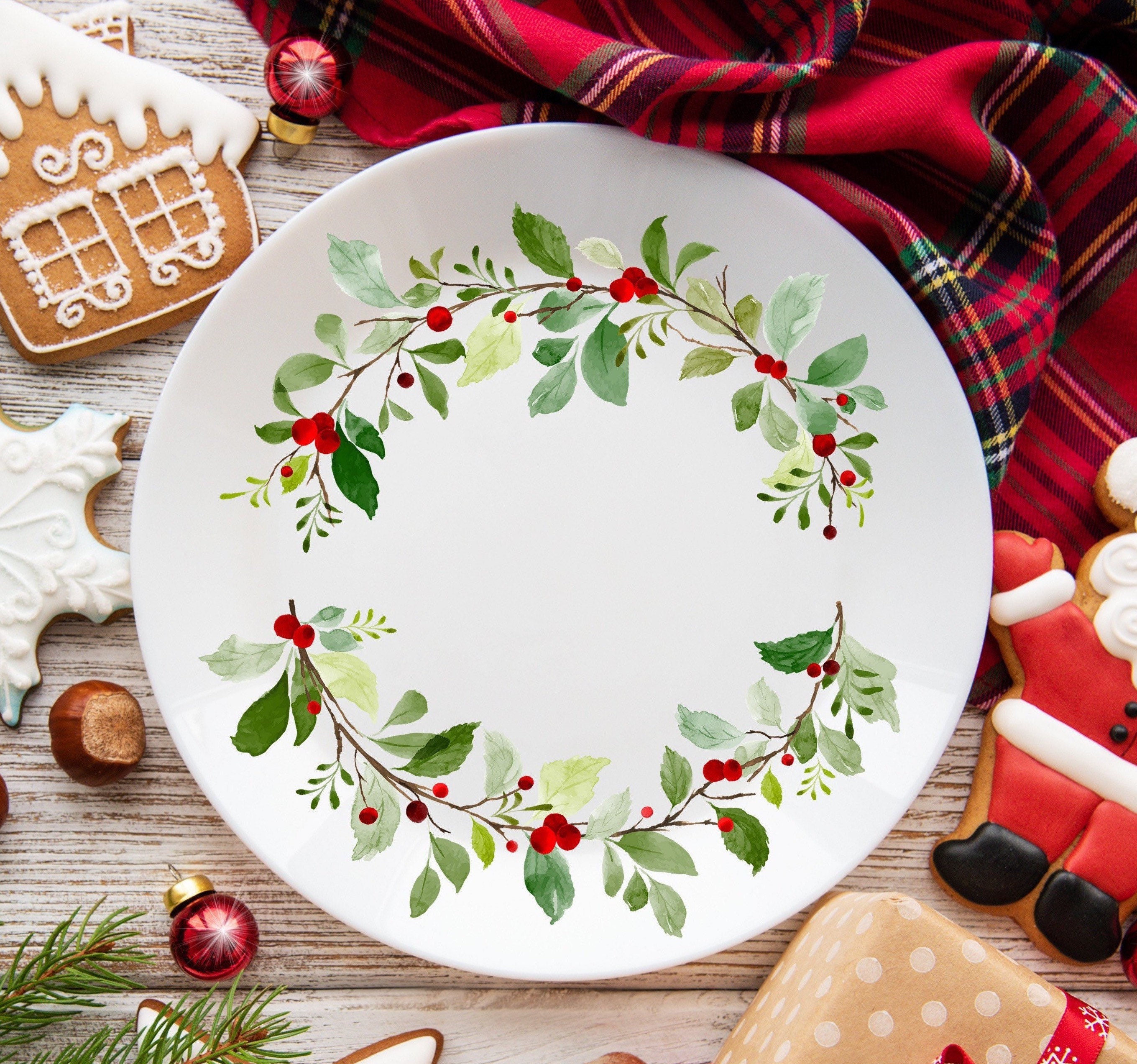 Christmas Wreath Plate Set Christmas Red Holly Dinner Plate - Etsy