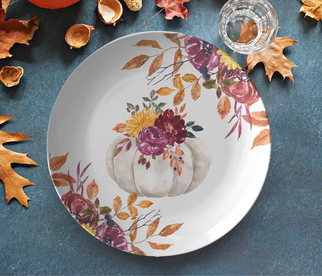 Fall Pumpkins Floral Dinner Plate | Thanksgiving Plate Set | Fall ...