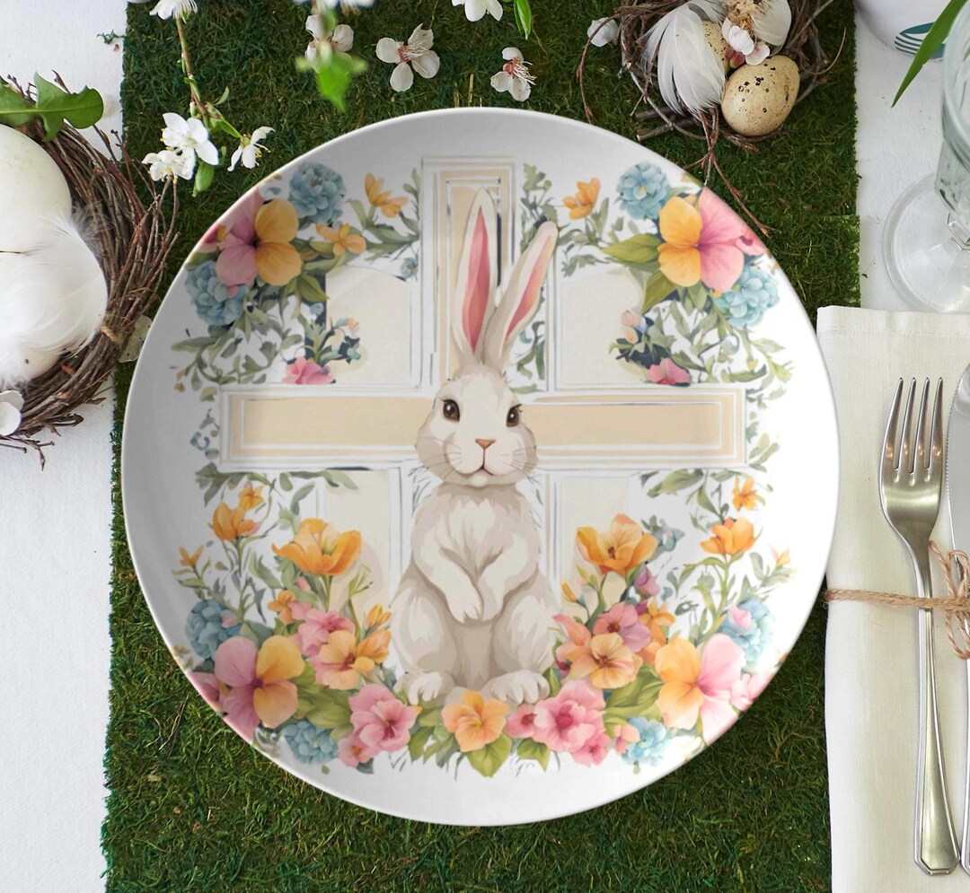 Bunny Rabbit Dinner Plate, Easter Bunny Plate Set, Floral Spring Bunny ...
