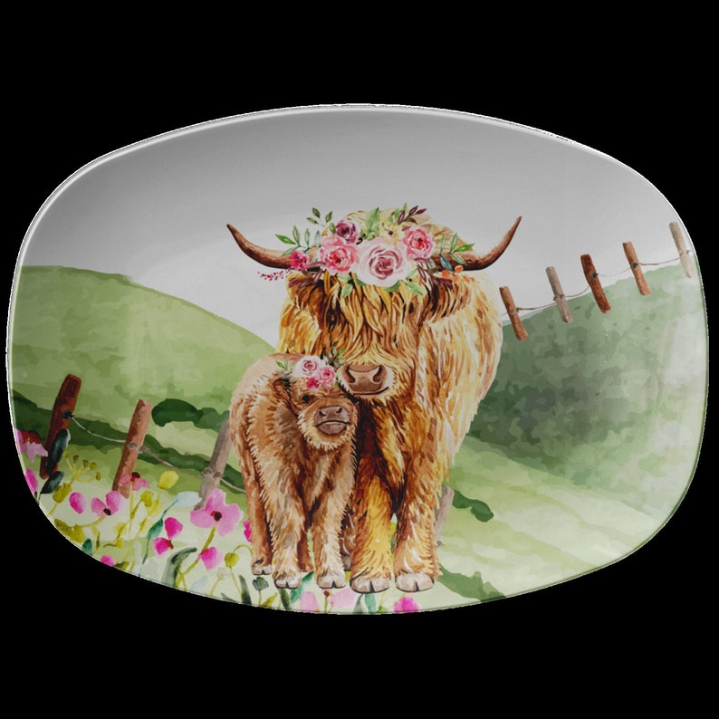 Farm Style Highland Cow & Calf Serving Platter, Floral Countryside Cow ...