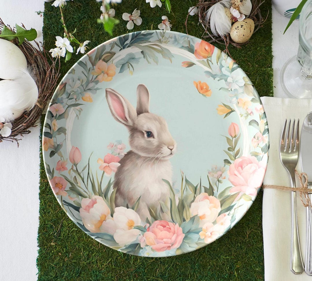 Bunny Rabbit Dinner Plate, Easter Bunny Plate Set, Floral Spring Bunny ...