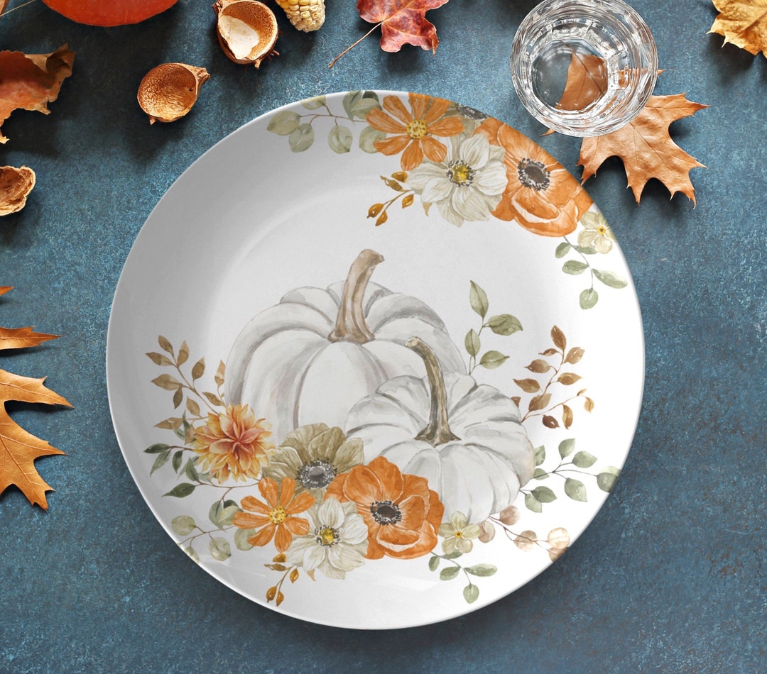 Fall Pumpkins Dinner Plate, Floral Thanksgiving Plates, Halloween ...