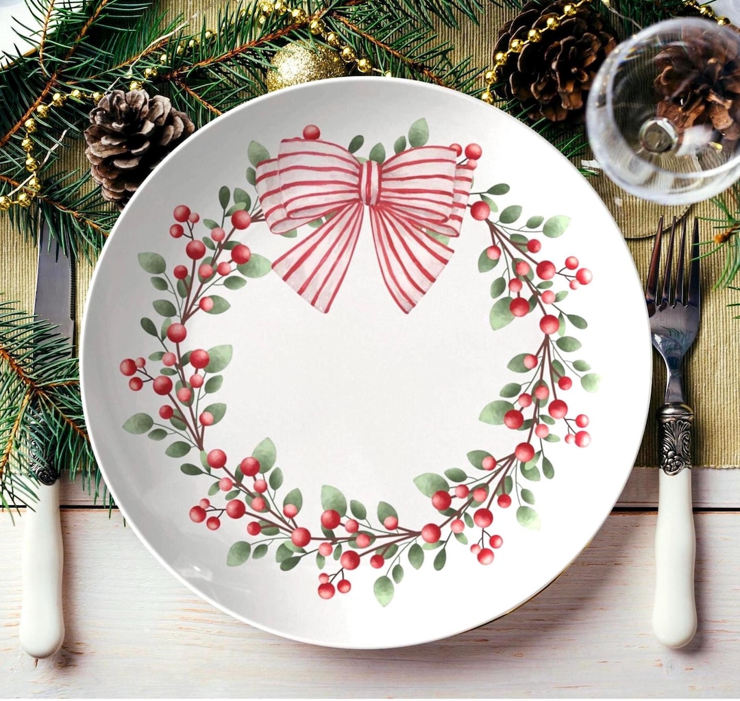 Christmas Wreath Plate Set, Christmas Red Holly Dinner Plate ...