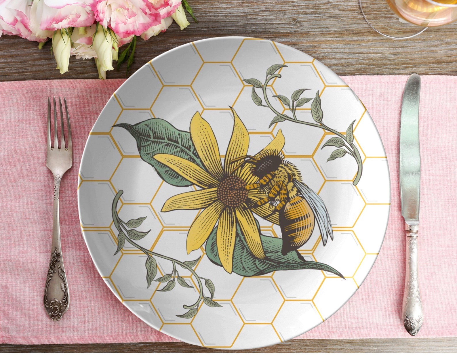Honeybees Dinner Plate Floral Bee Plate Set Decorative - Etsy